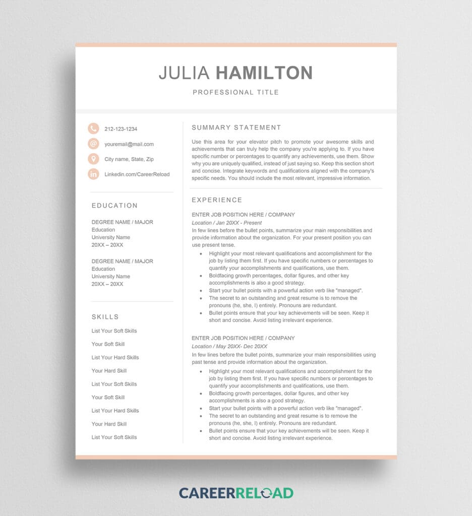 Feminine Resume Template for Word - Free Download - Career Reload