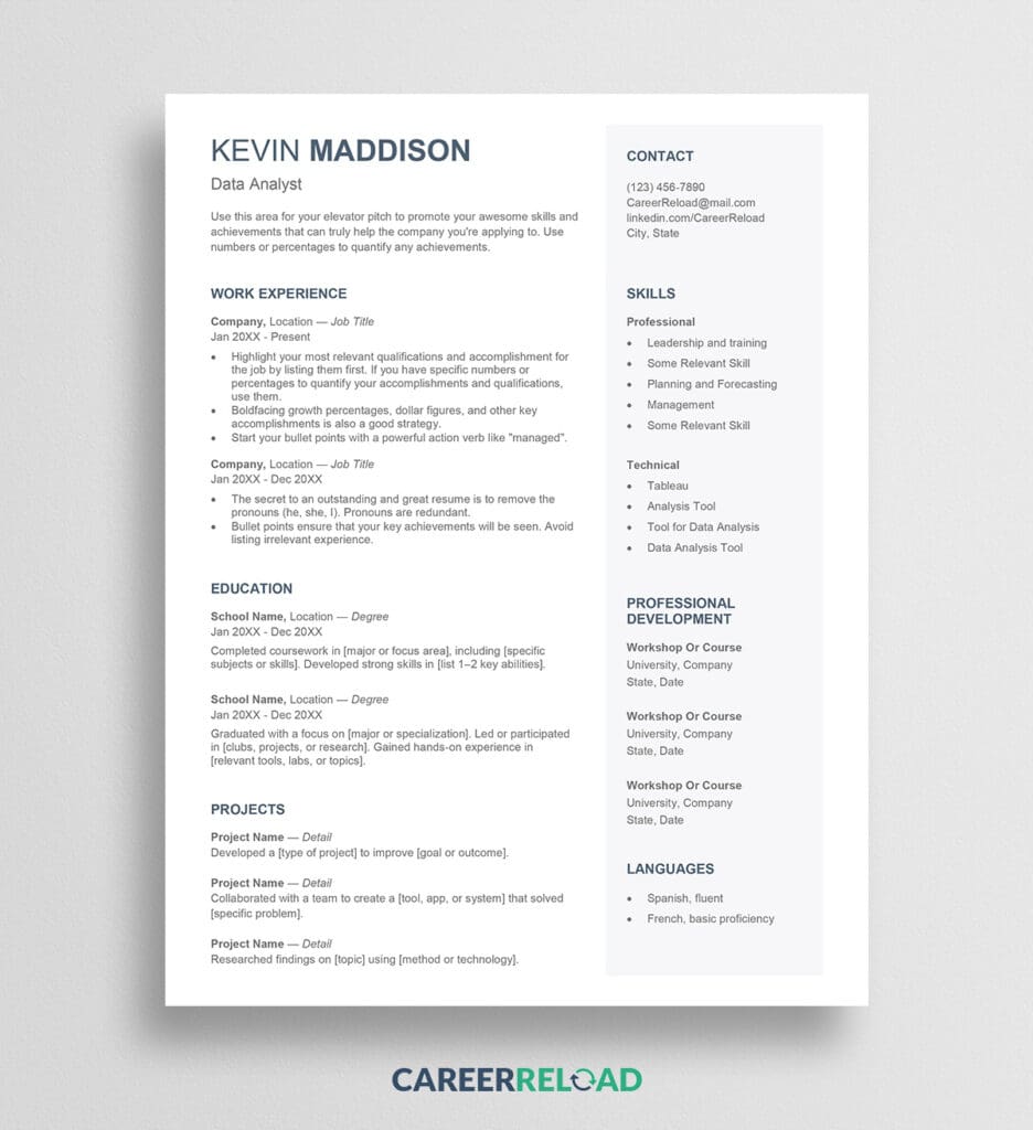 2 Column ATS Resume Template - Instant Download