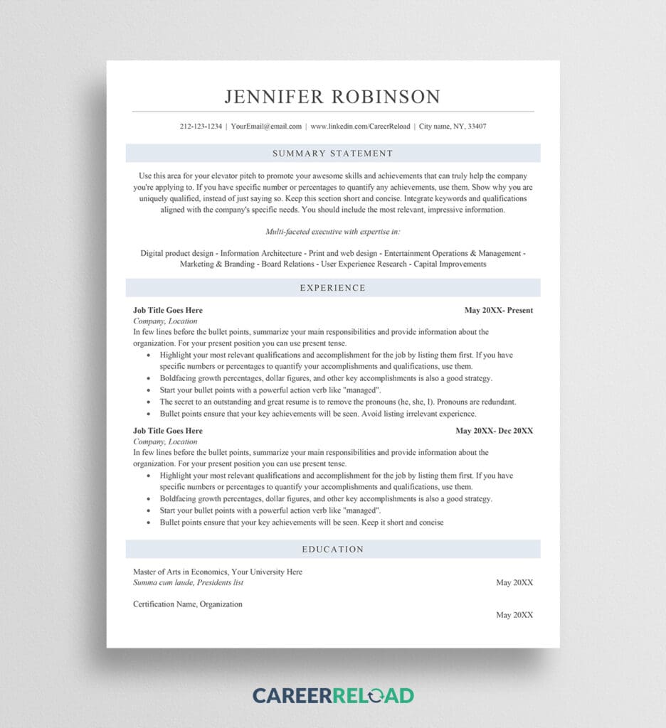 Free ATS Resume Template for Word - Jennifer